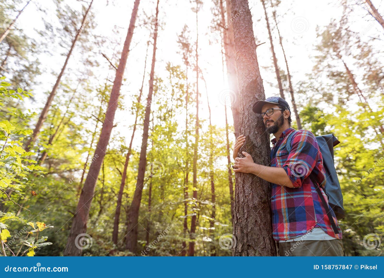 Man hugging tree in forest stock image. Image of closedn - 158757847