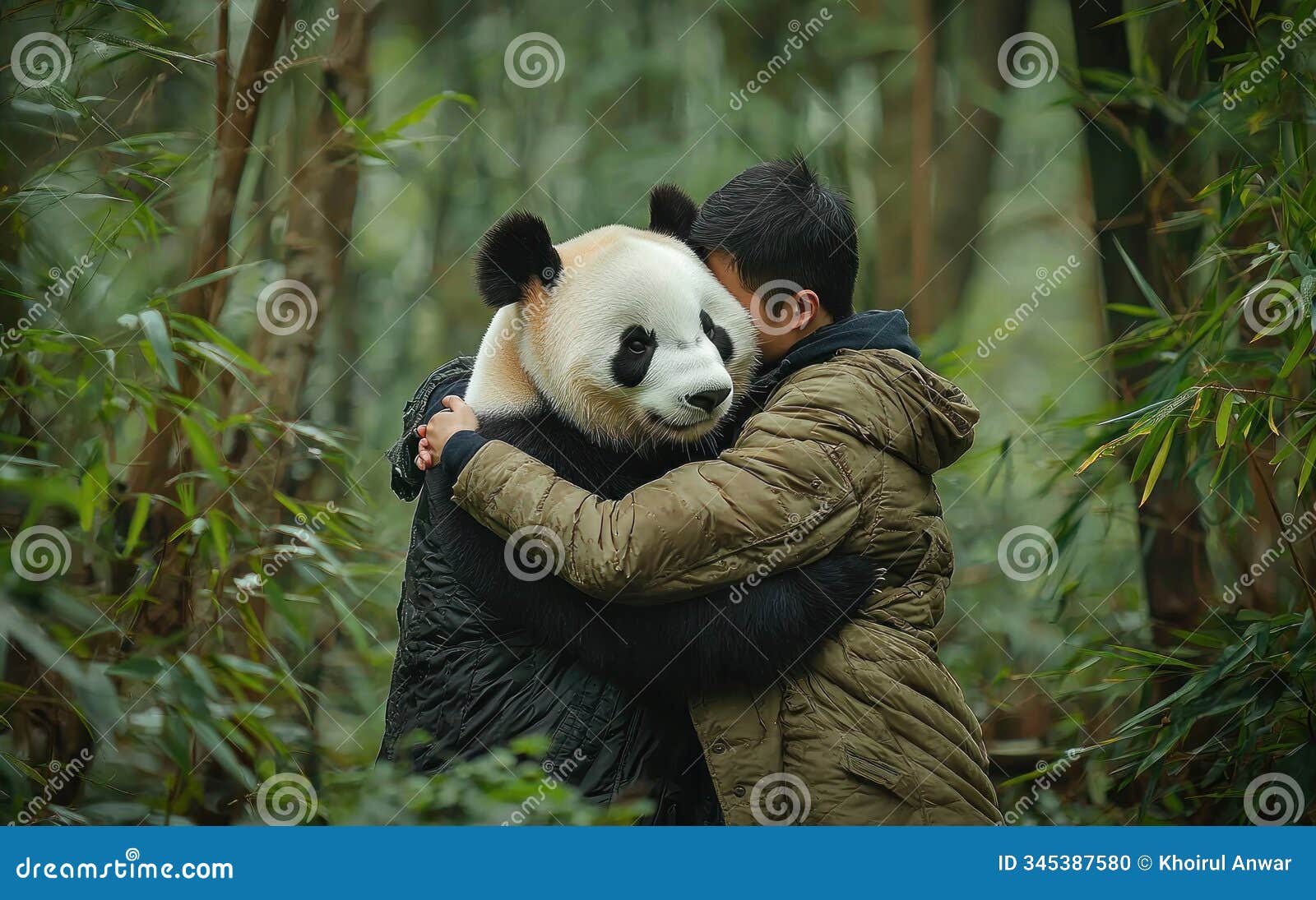 A Man Hugs a Giant Panda Bear in a Bamboo Forest Stock Illustration - Illustration of forest ...