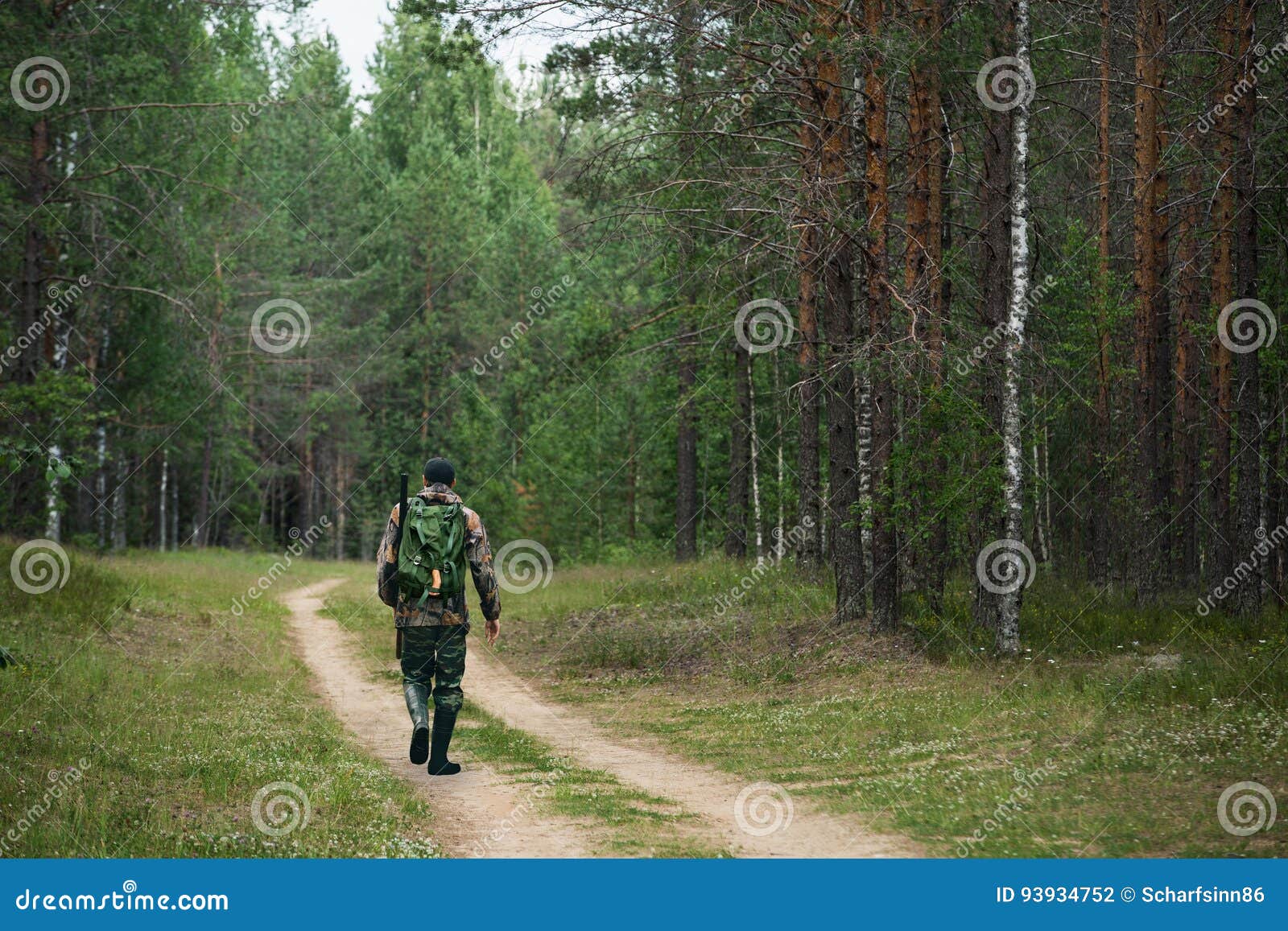 Man the Hunter Goes on a Forest Road Stock Photo - Image of green ...