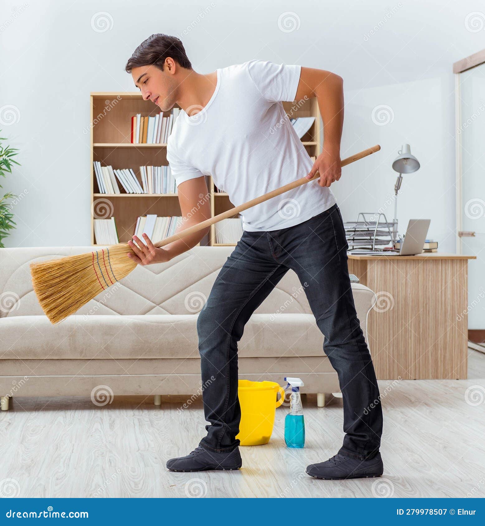 Man Husband Cleaning The House Helping Wife Stock Image Image Of