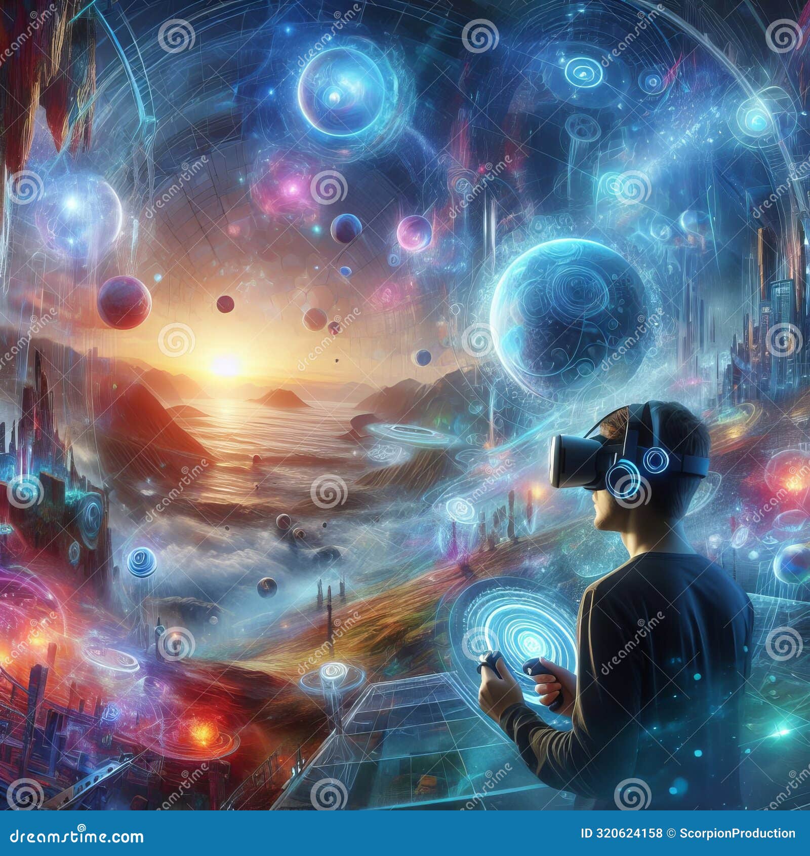 Man Immersed in VR Fantasy World Stock Photo - Image of technology ...
