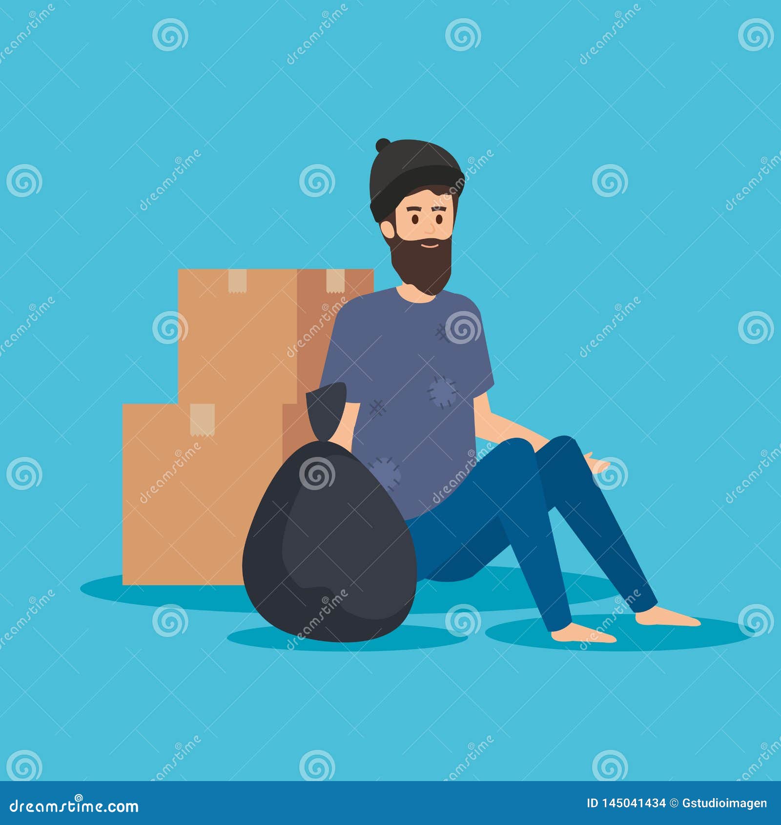 Man Indigent with Boxes and Trash Bag Stock Vector - Illustration of ...