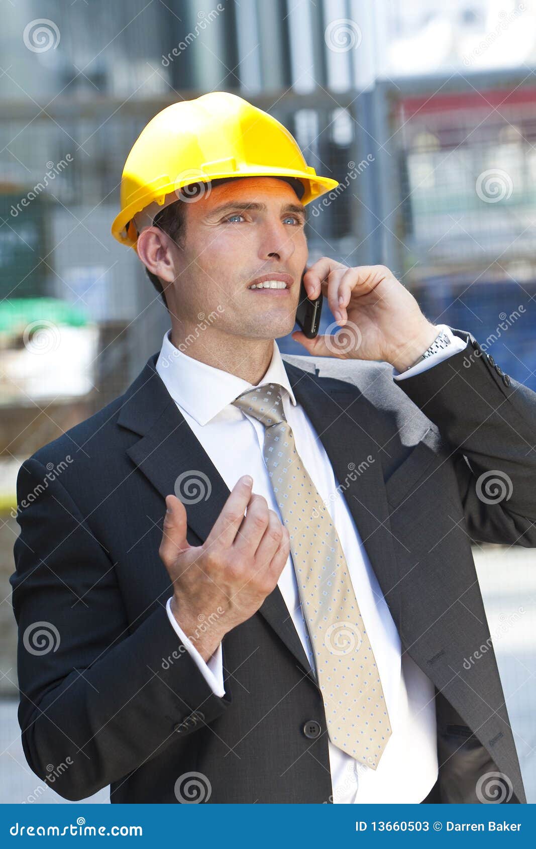 Man in Industrial Hard Hat Talking on Cell Phone Stock Image - Image of ...