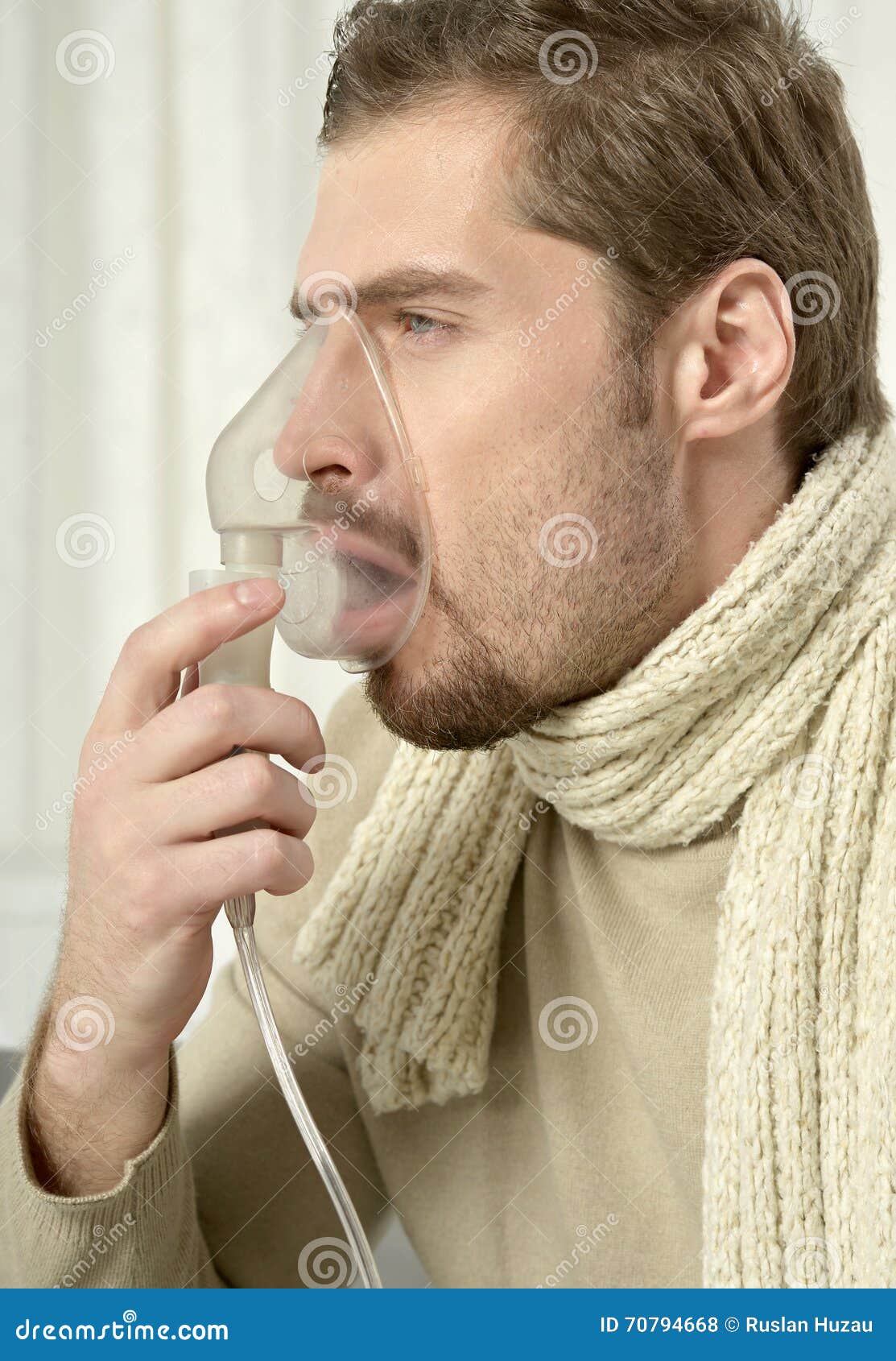 Man Inhaling through Inhaler Mask Stock Photo - Image of house, male ...