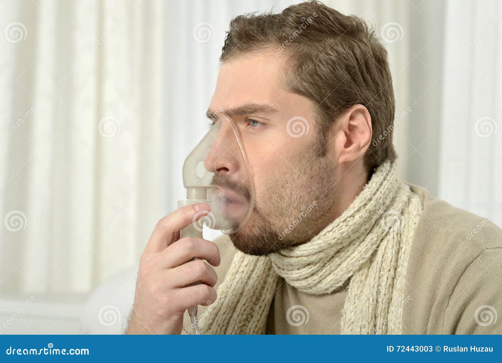 Man Inhaling through Inhaler Mask Stock Image - Image of illness ...
