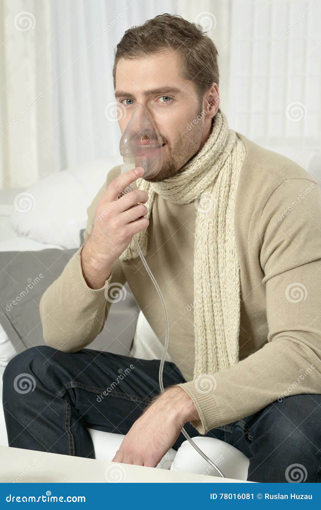 Man Inhaling through Inhaler Mask Stock Image - Image of illness ...