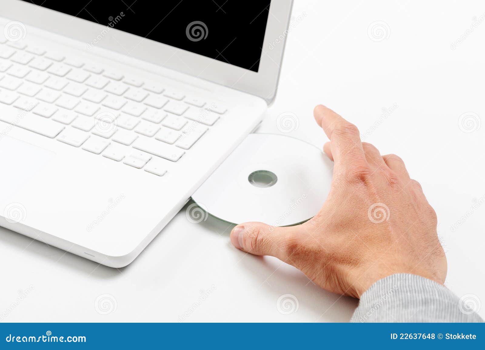 Man Inserting a Cd on White Laptop Stock Photo - Image of business ...