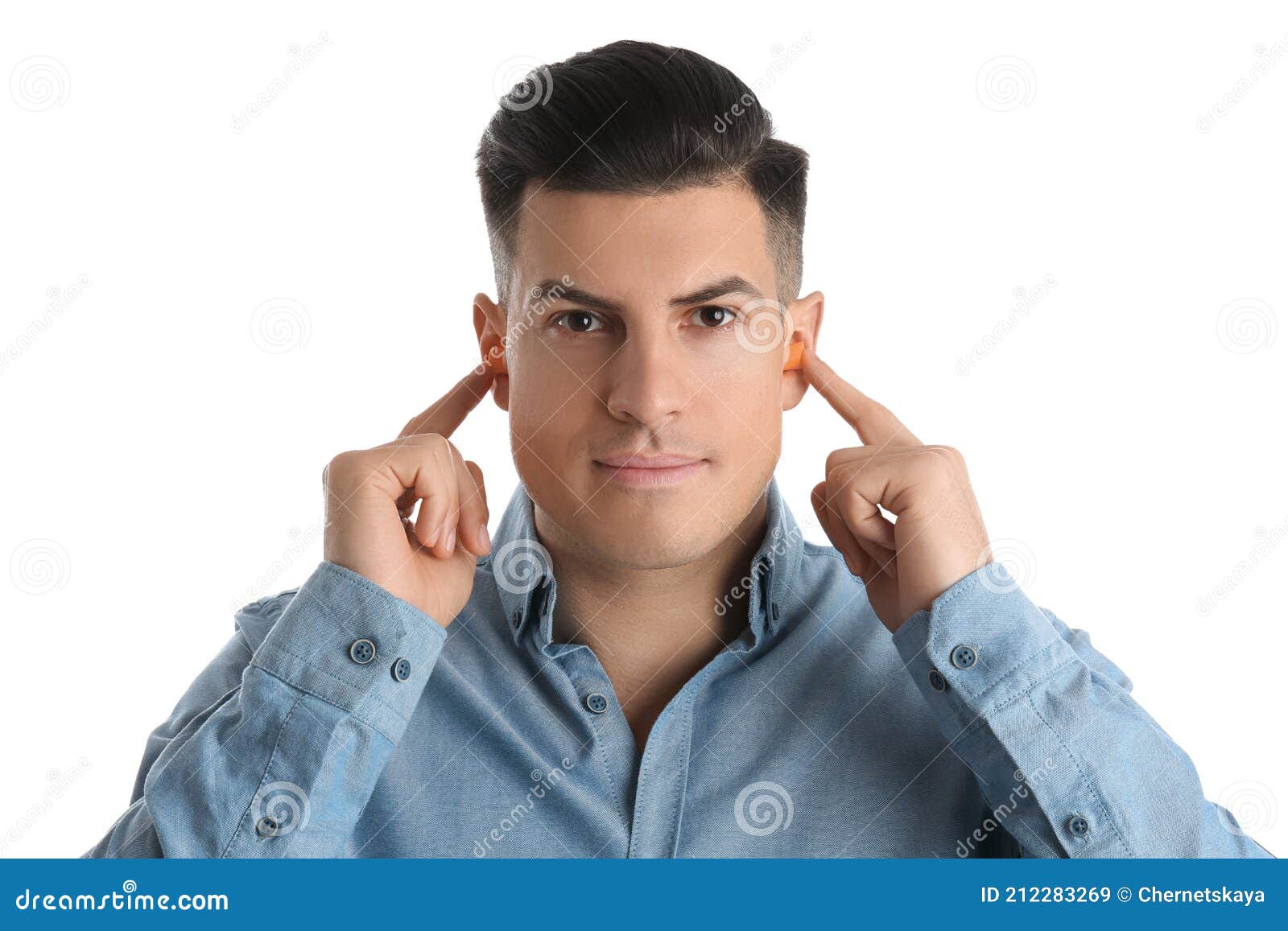 Man Inserting Foam Ear Plugs on White Background Stock Image - Image of ...
