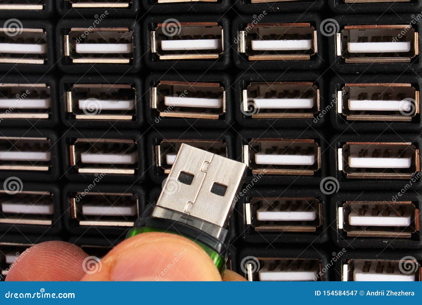 Man Inserts USB Flash Drive in One of Many Sockets Stock Image - Image ...
