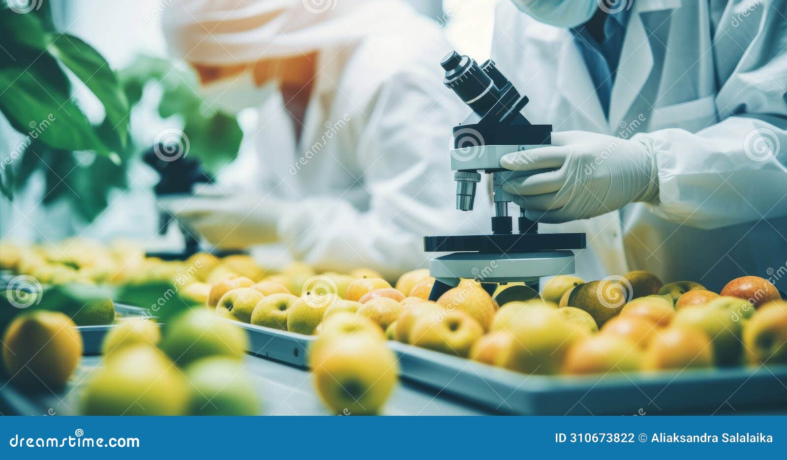 Man Inspecting Apple Quality Under a Microscope in a Food Quality ...
