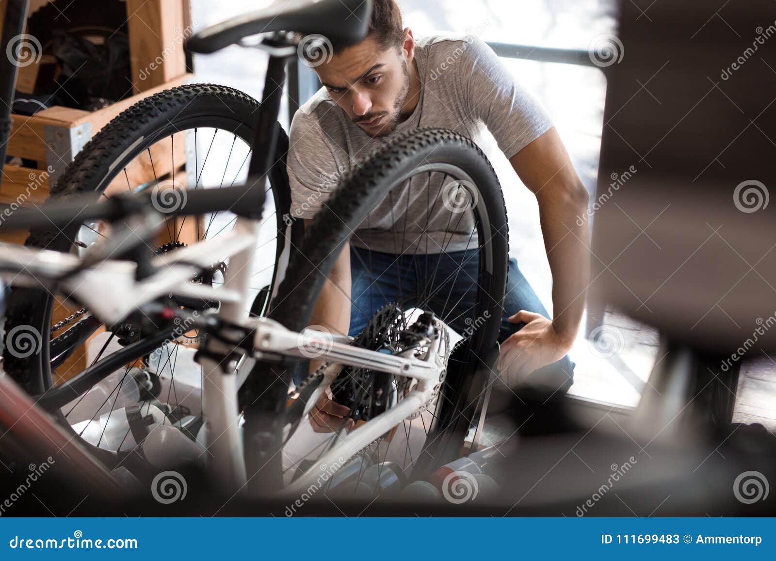 Mechanic Assembling a Bicycle in Workshop Stock Image - Image of ...