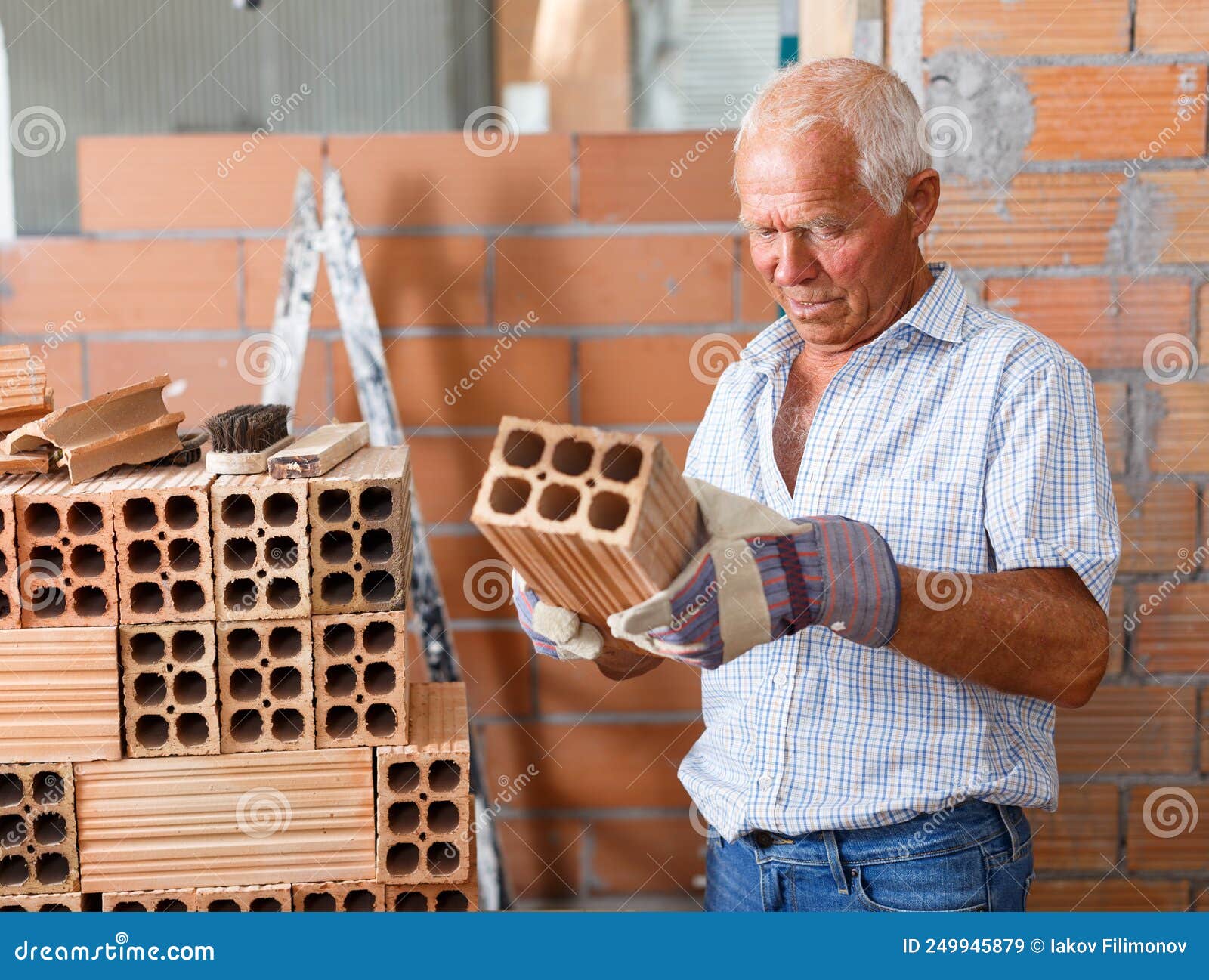 Man Inspecting Brick for Installing Wall Stock Image - Image of masonry ...