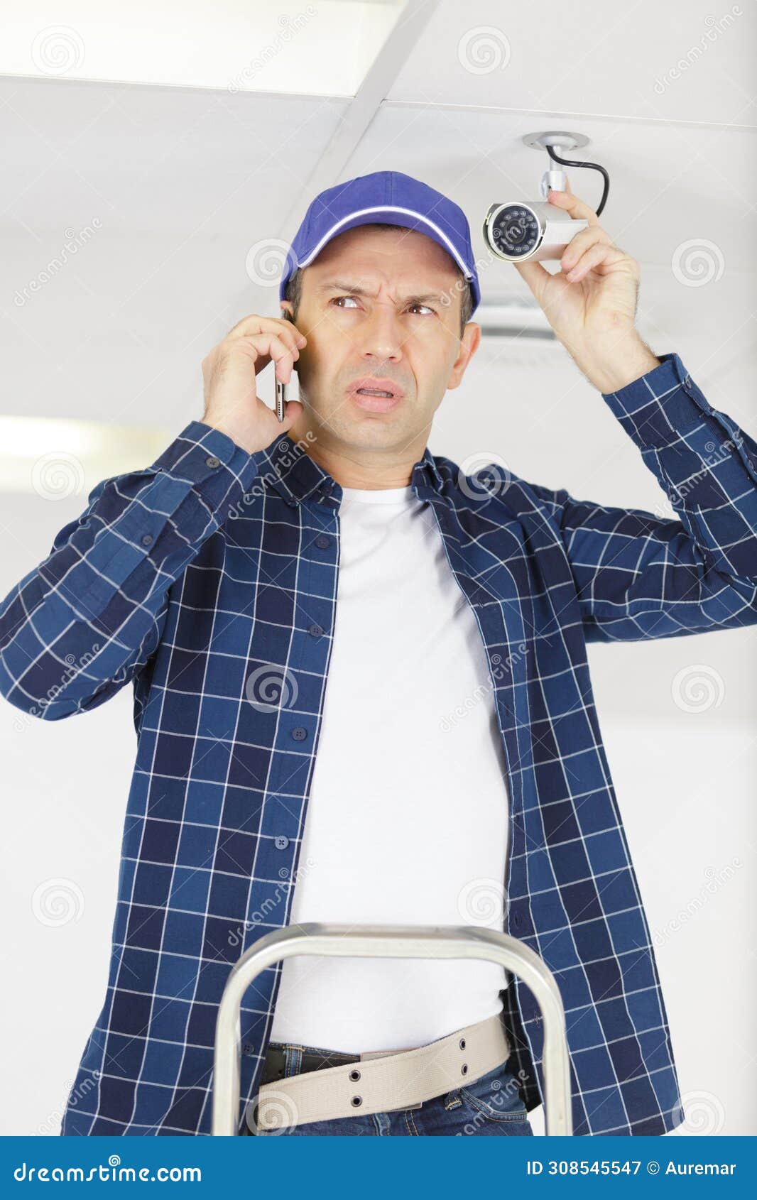 Man Installing Cctv Camera Taking Call on Smartphone Stock Image ...