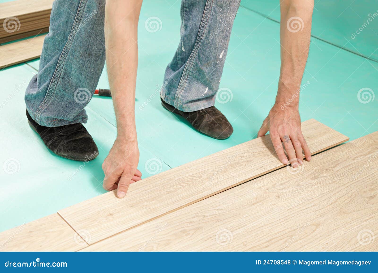 Man installing flooring stock photo. Image of plank, business - 24708548