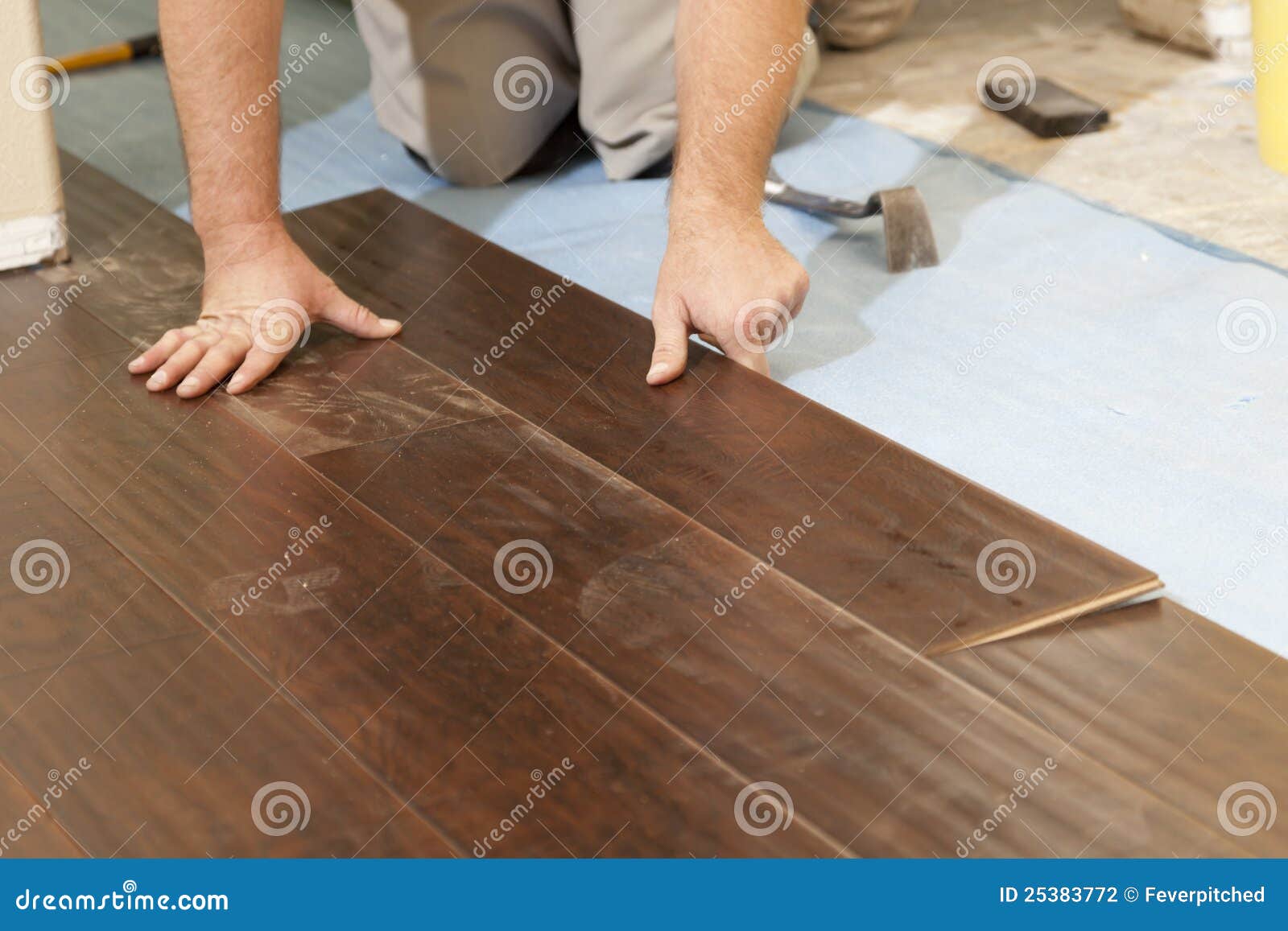 Man Installing New Laminate Wood Flooring Stock Photo - Image of people ...