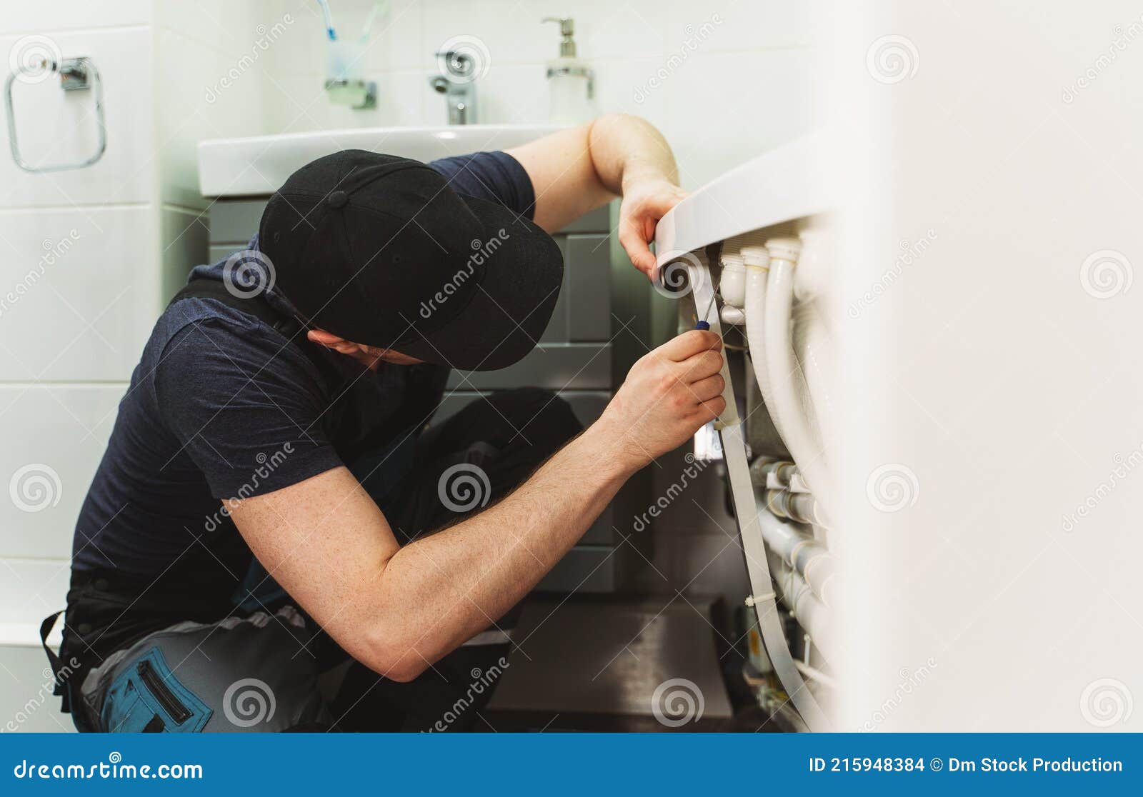 Man Installing Pipe System of Bathtub Stock Photo - Image of handyman ...