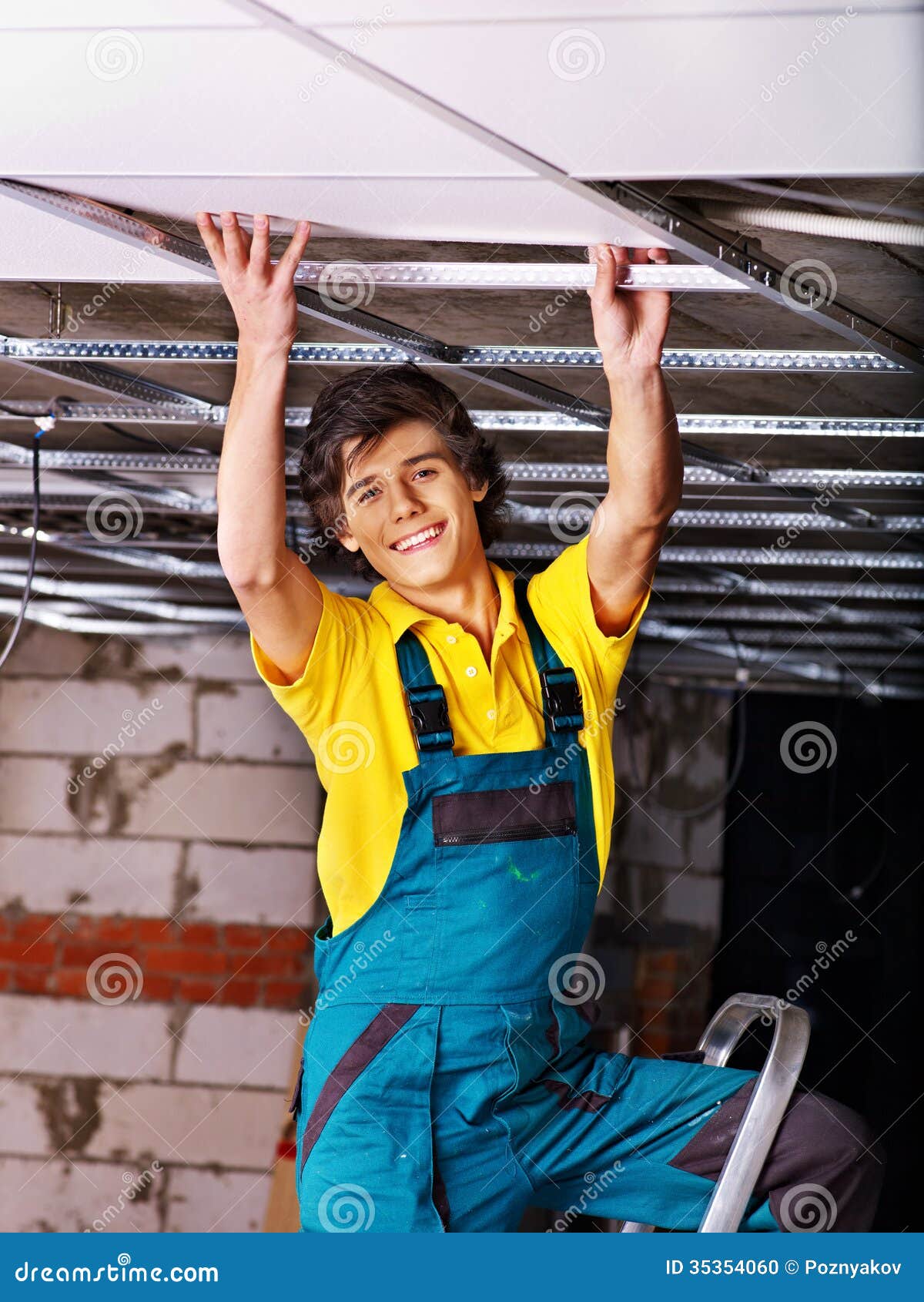 Man Installing Suspended Ceiling Stock Photo - Image of flat, home ...
