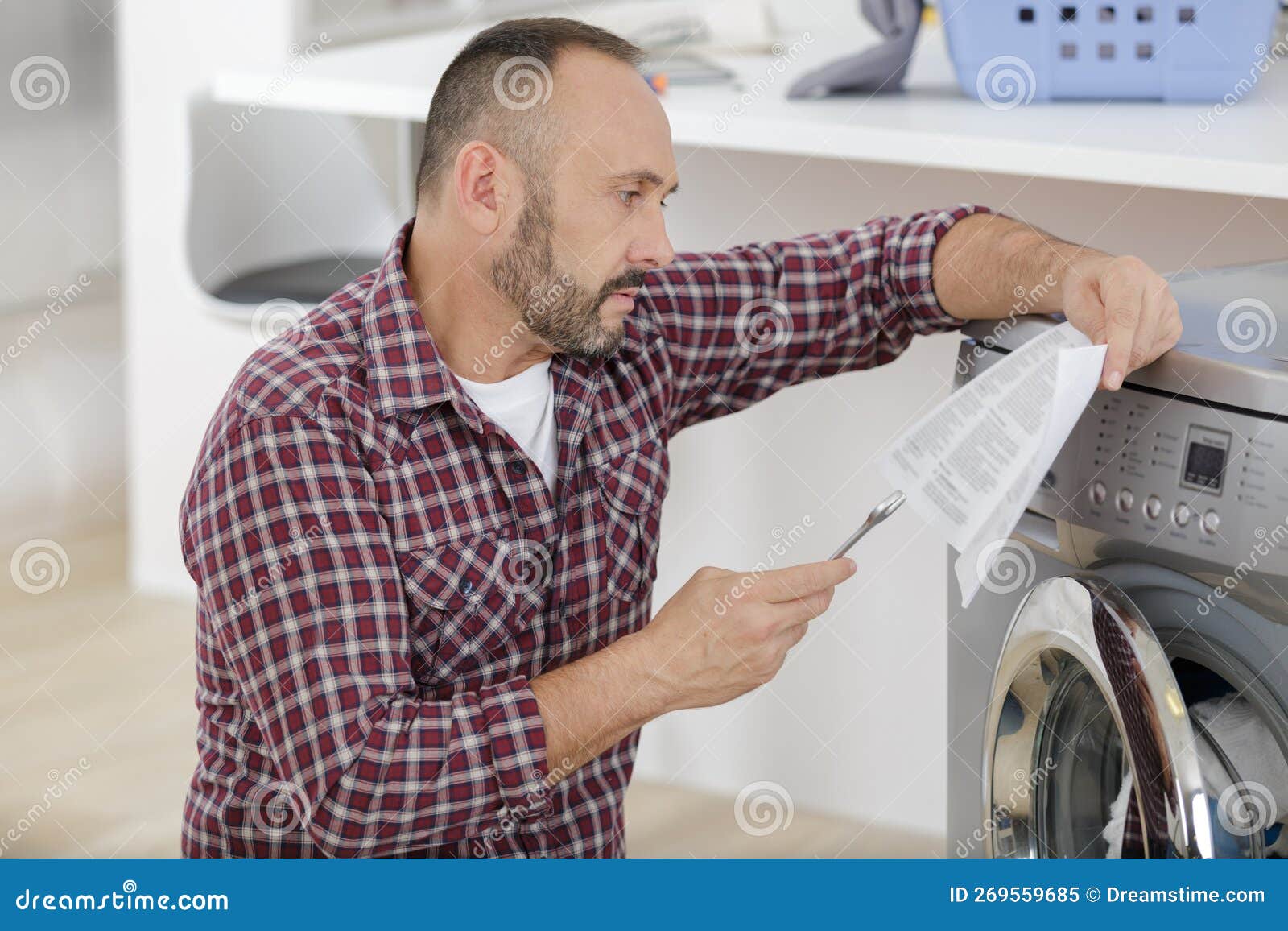 Man Installing Washing Machine at Home Stock Image - Image of equipment ...