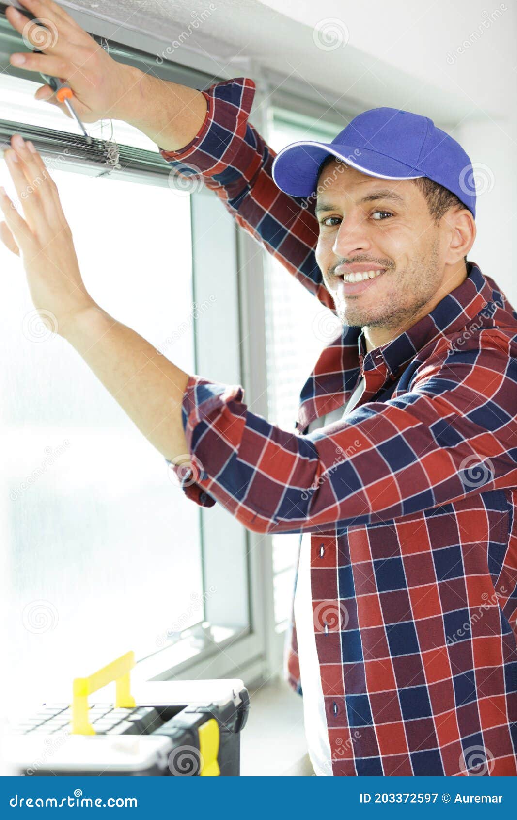 Man Installing Window Blinds Stock Image - Image of service, fixing ...