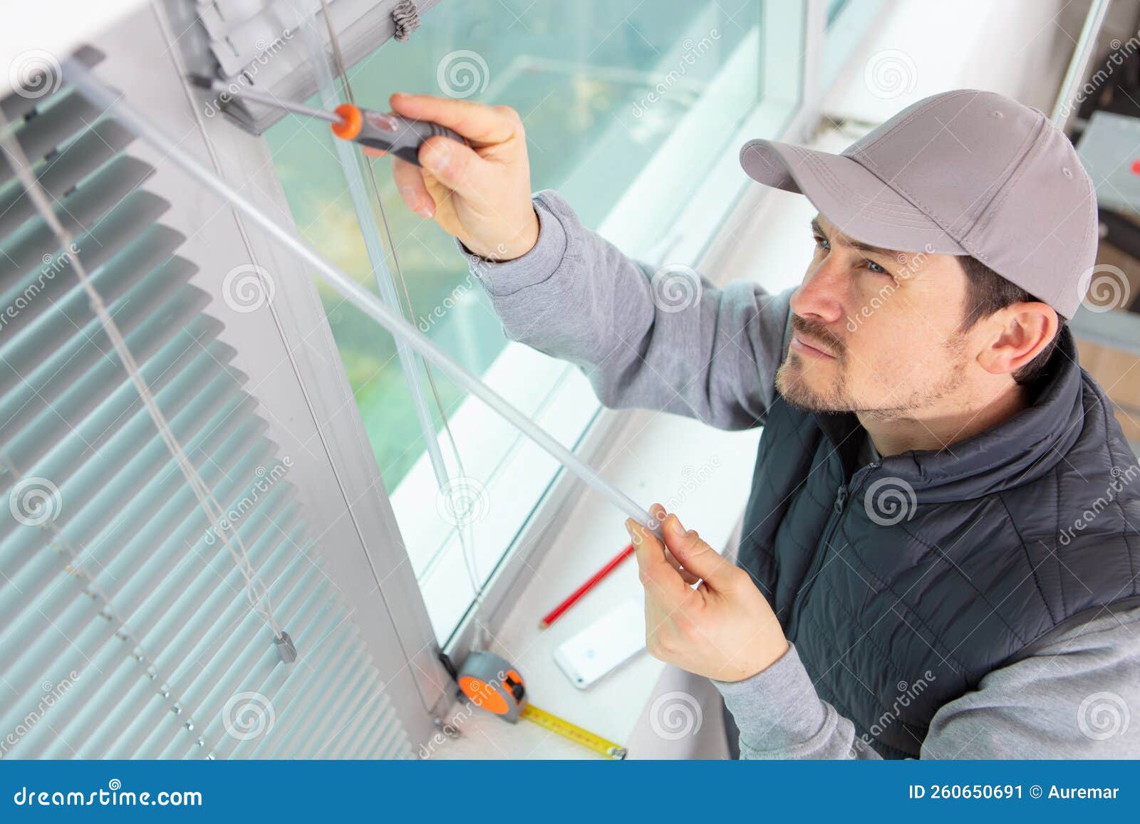 Man Installing Window Blinds Using Screwdriver Stock Image - Image of ...