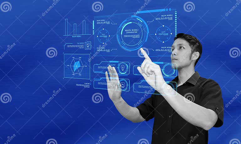Man Interacting with Augmented Reality Screen Interface Stock Photo ...