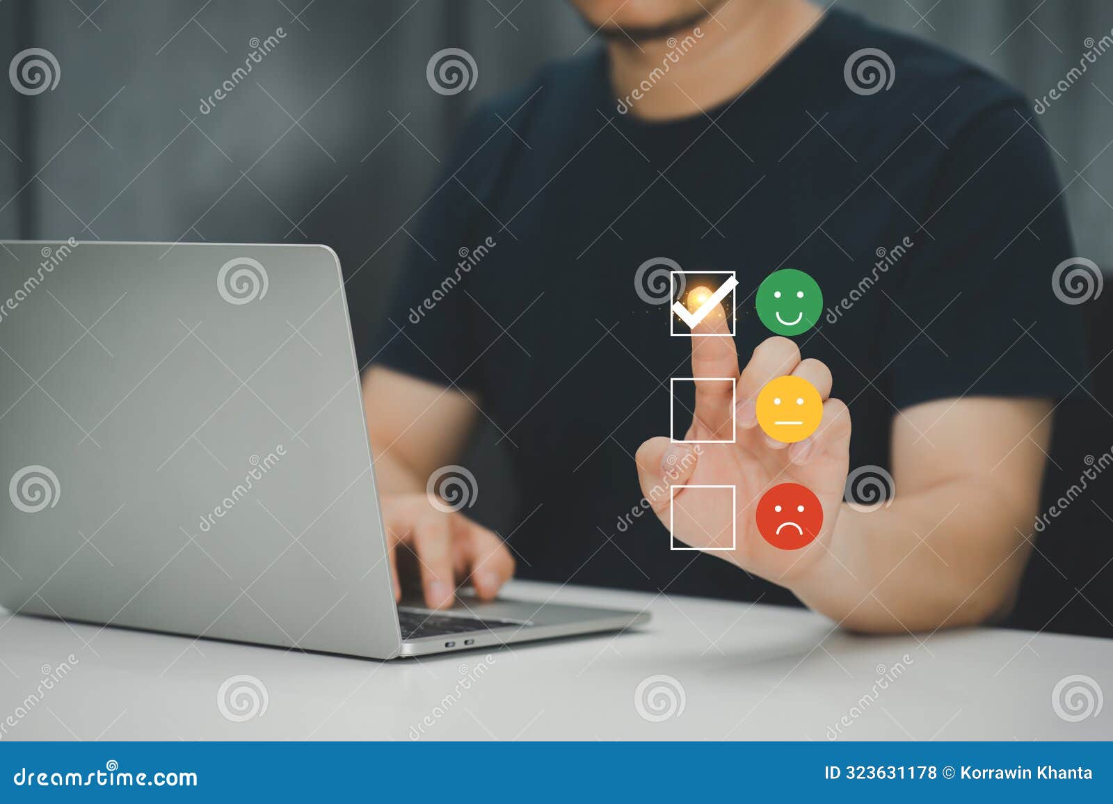 Man Interacting with Customer Satisfaction Interface on Digital Screen ...