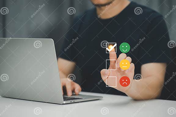 Man Interacting with Customer Satisfaction Interface on Digital Screen ...