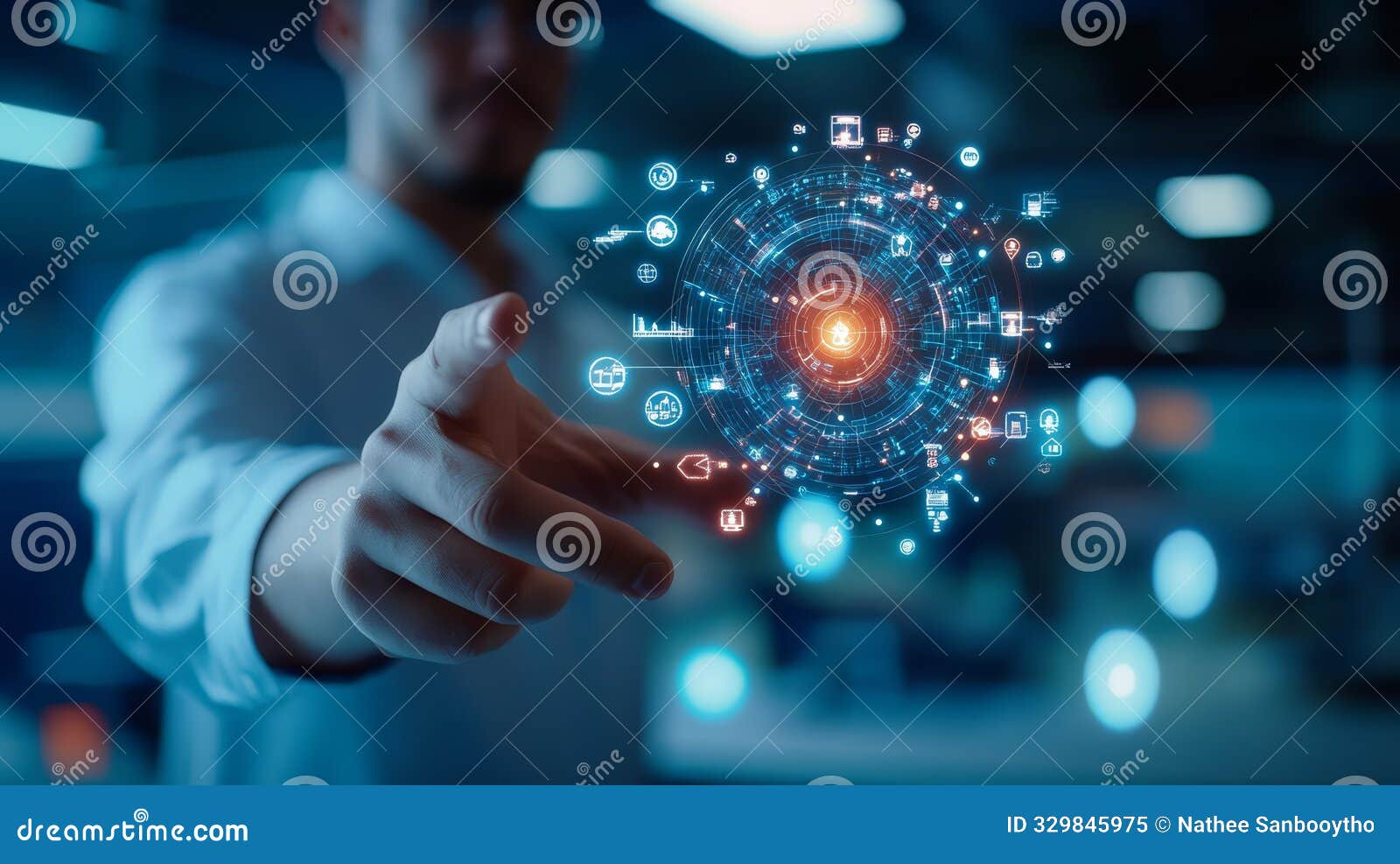 Man Interacting with Digital Holographic Interface Stock Illustration ...