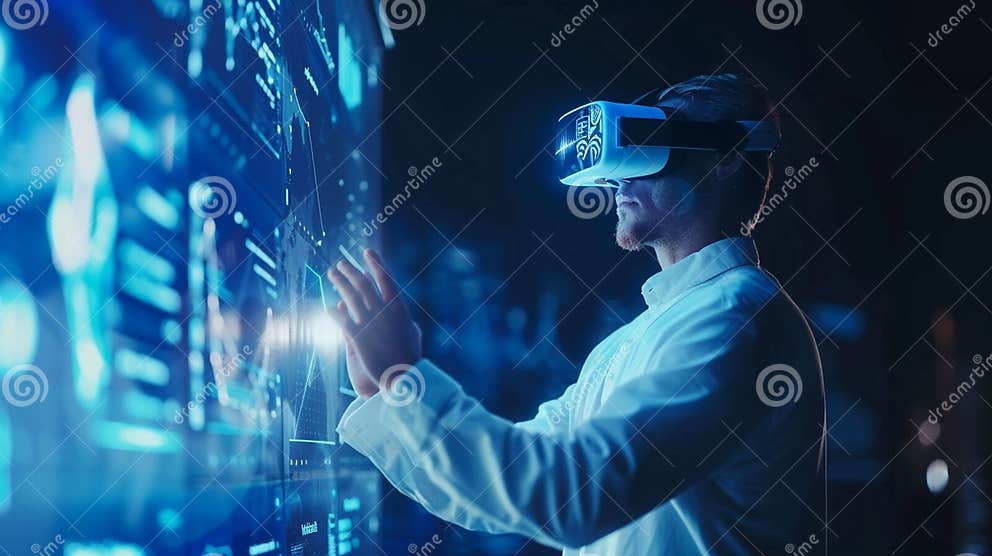 Man Interacting with Virtual Reality Data Visualization in Blue Light Stock Illustration ...