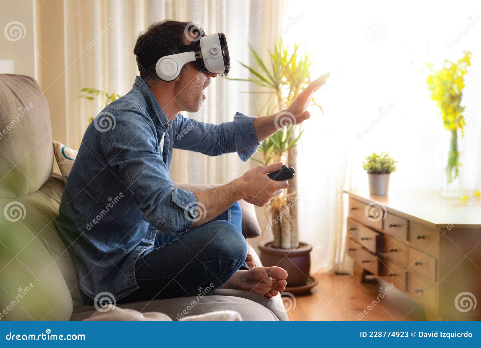 Man Interacting with Vr Glasses and Joystick at Home Stock Image ...