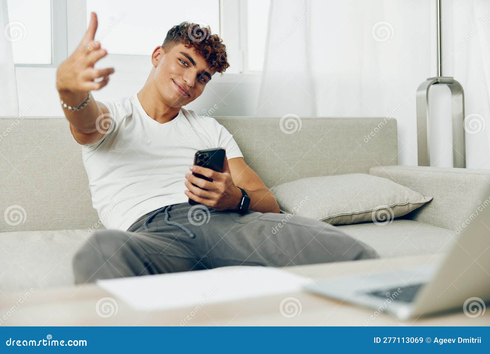 Man Interior Internet Student Phone Sofa Text Message Text Business ...