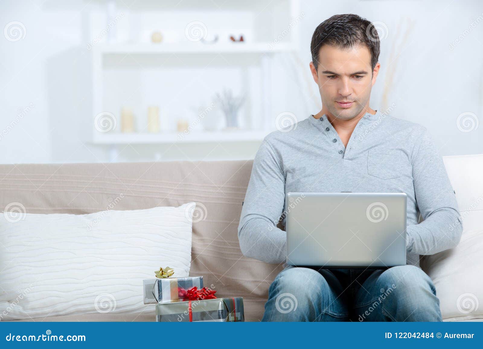 Man on Internet Gifts beside Him Stock Photo - Image of business, order ...