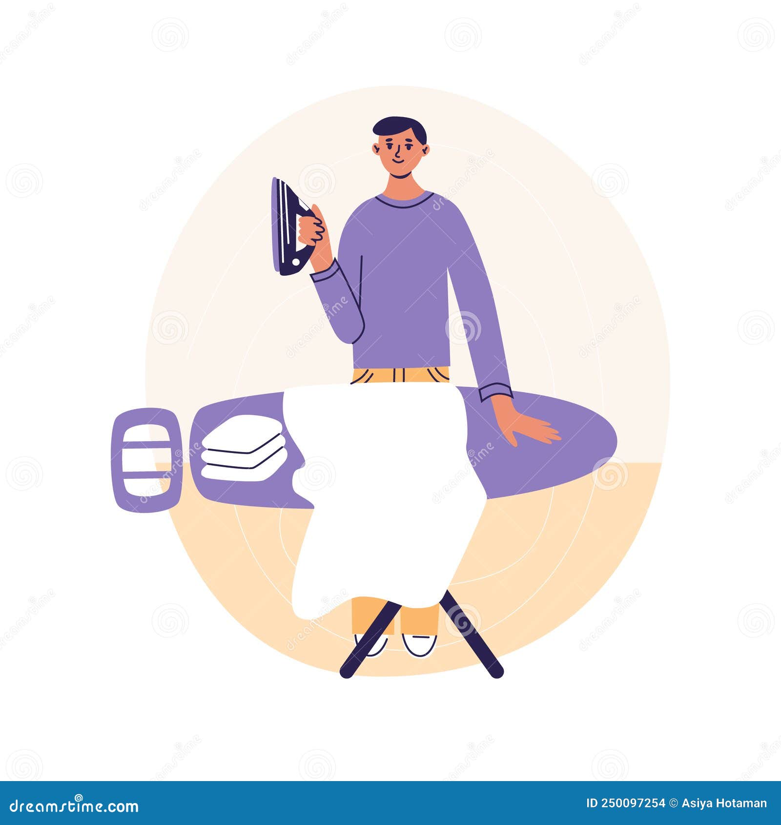 Man Ironing in Board and Folding Clothes at Home. House Husband Doing ...