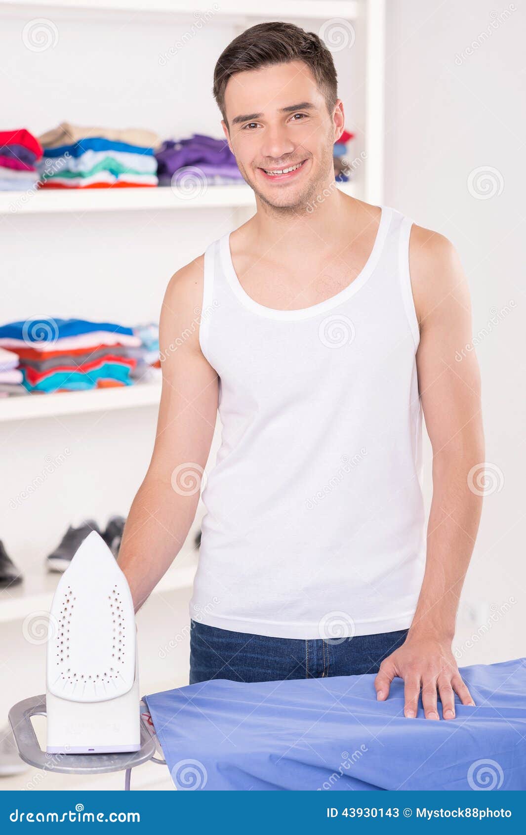 Man Ironing Shirt before Leaving for Work. Stock Image - Image of ...