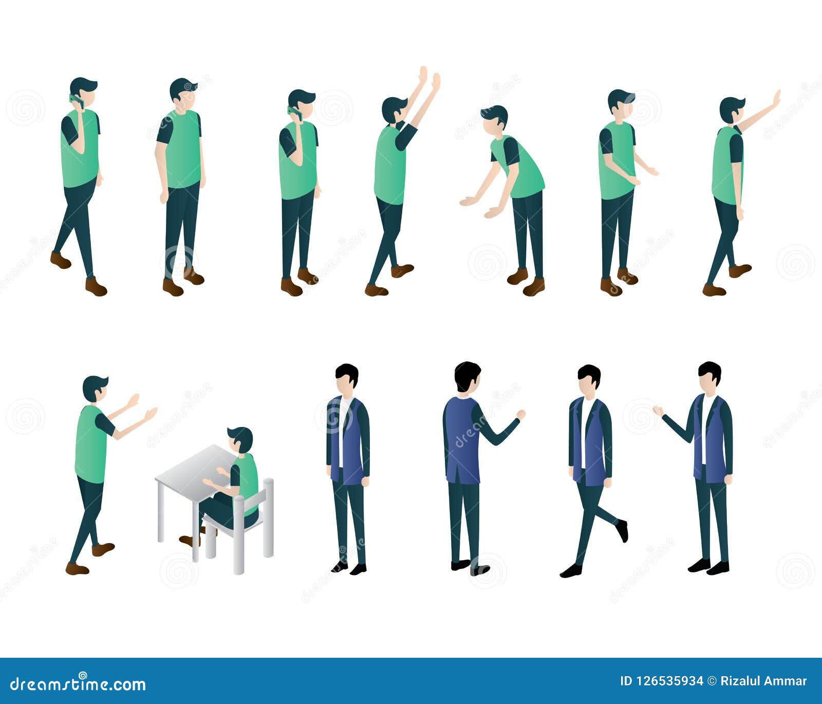 Man Isometric Illustration Vector Set, Walk Call Mobile Sit Stand Bend ...