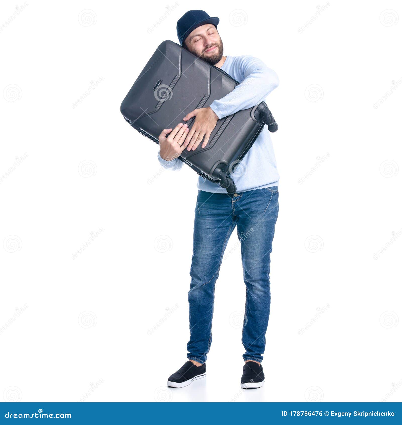 Man in Jeans Holding Travel Suitcase Standing Stock Photo - Image of ...
