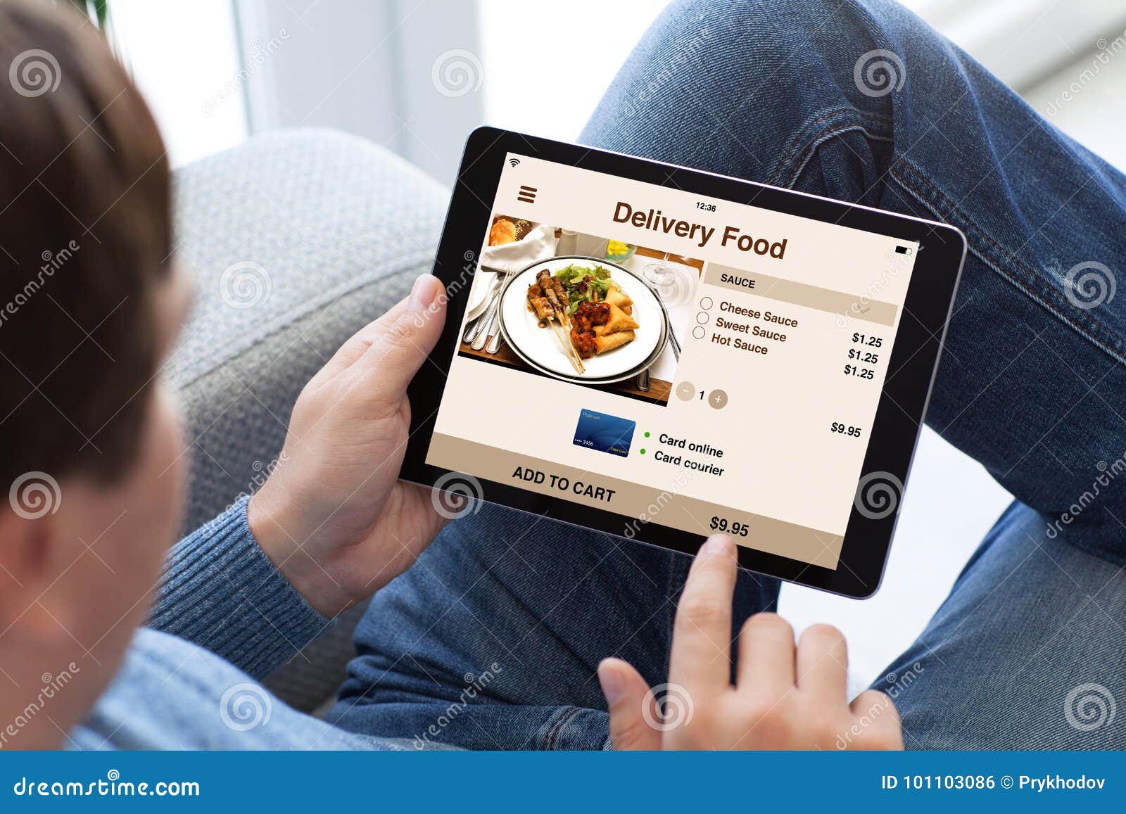 Man in Jeans Holding Tablet Computer with Delivery Food Screen Stock ...