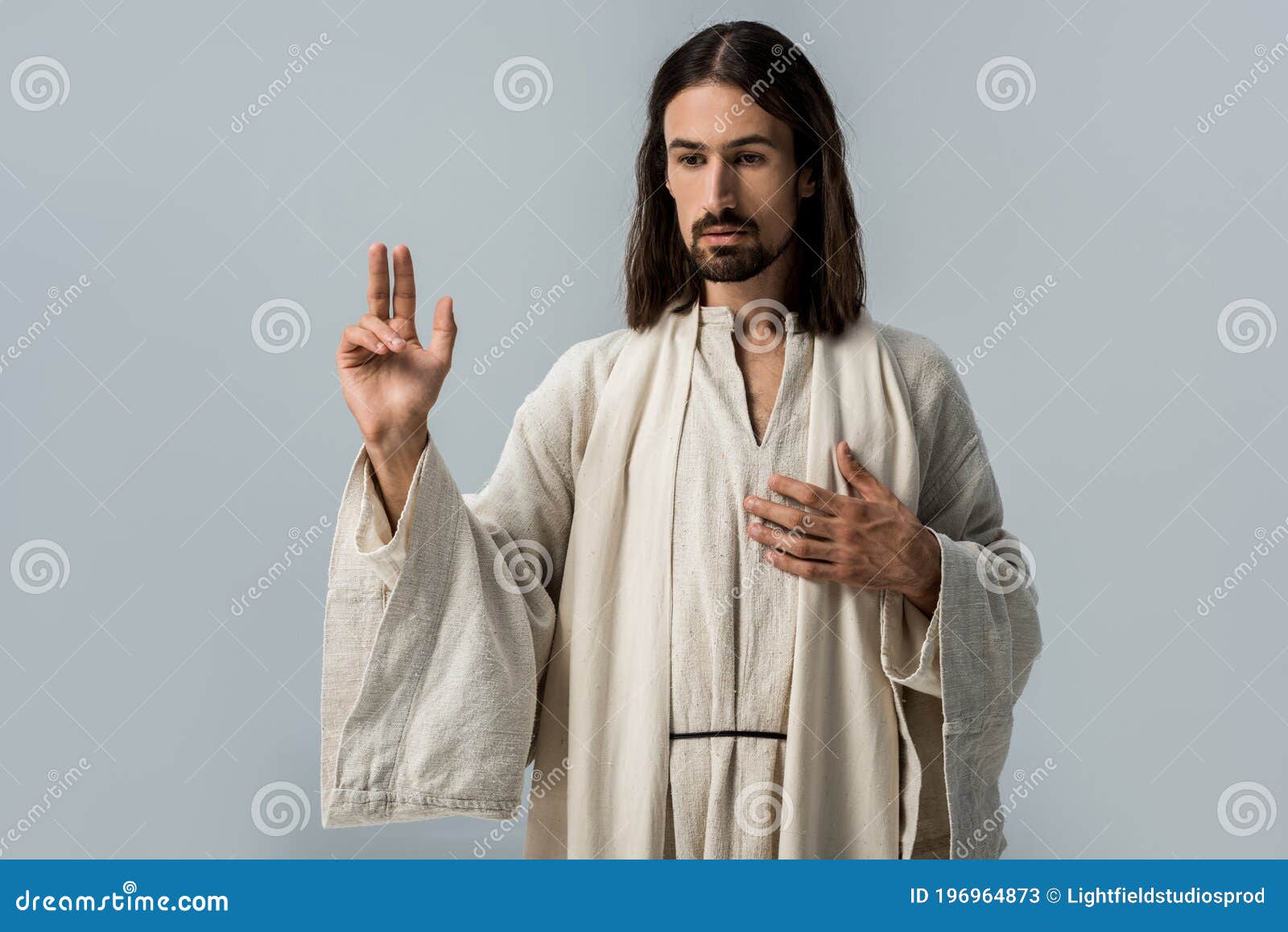 Man in Jesus Robe Gesturing Isolated on Grey Stock Image - Image of ...