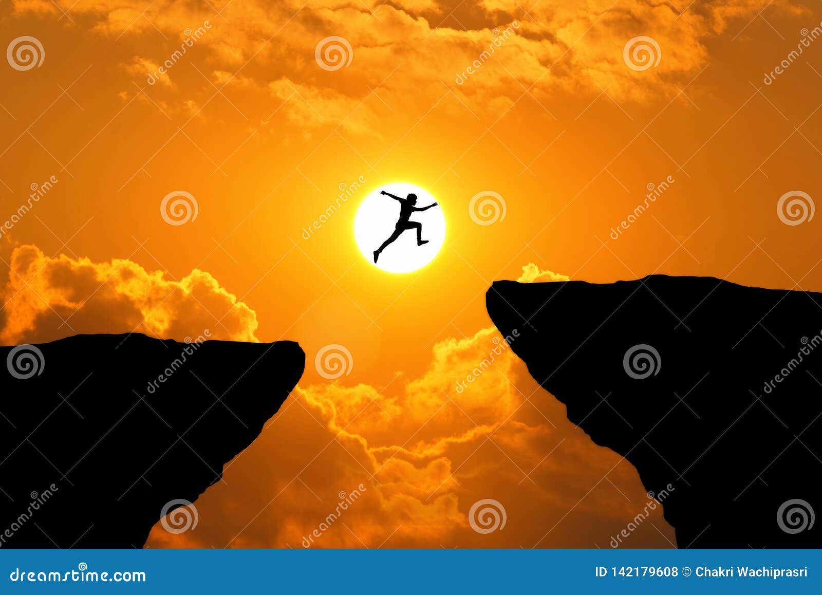 Man Jump through the Gap between Hill.man Jumping Over Cliff Stock ...