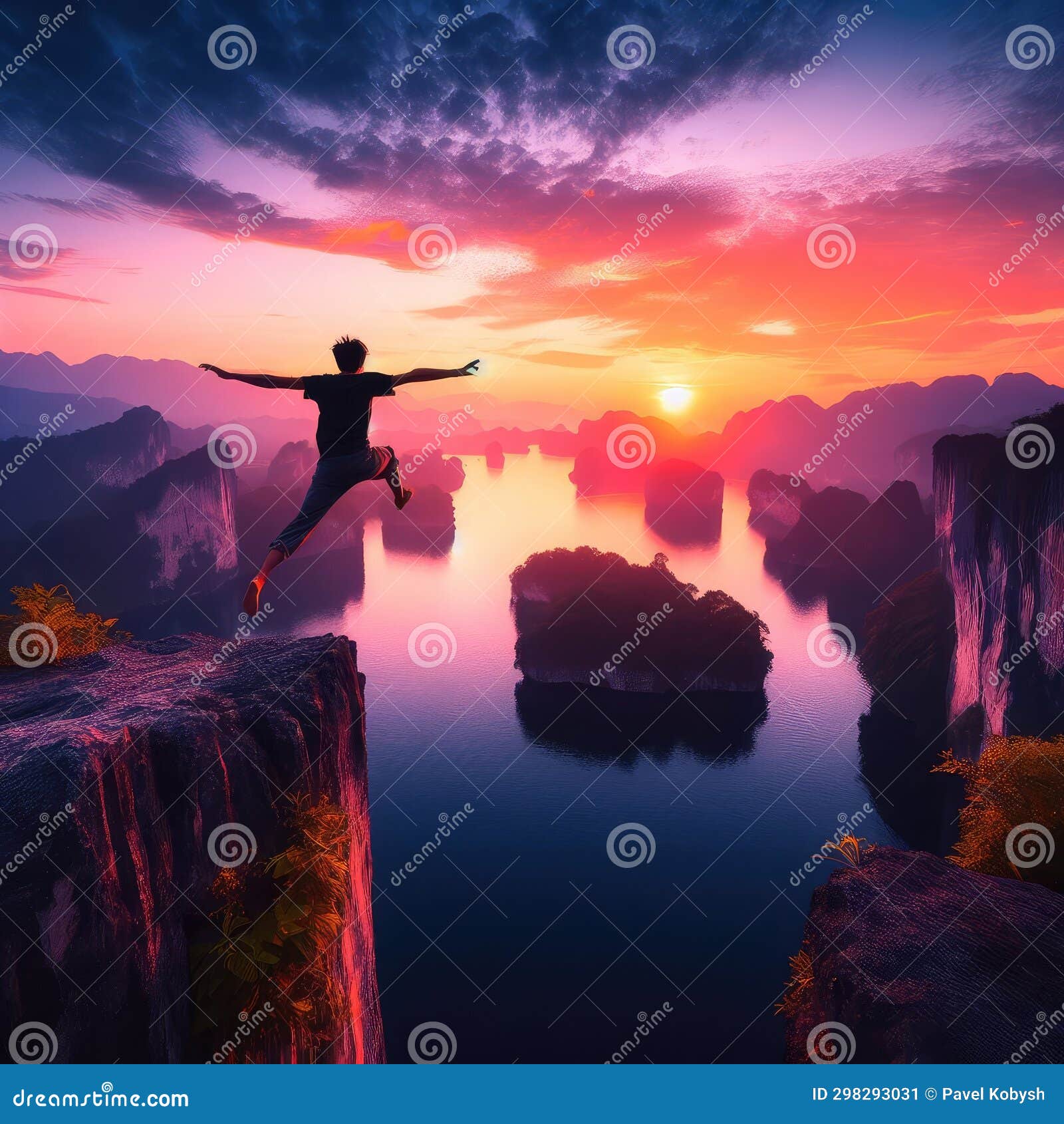 Man Jump through the Gap between Hill. Man Jumping Over Cliff Stock ...