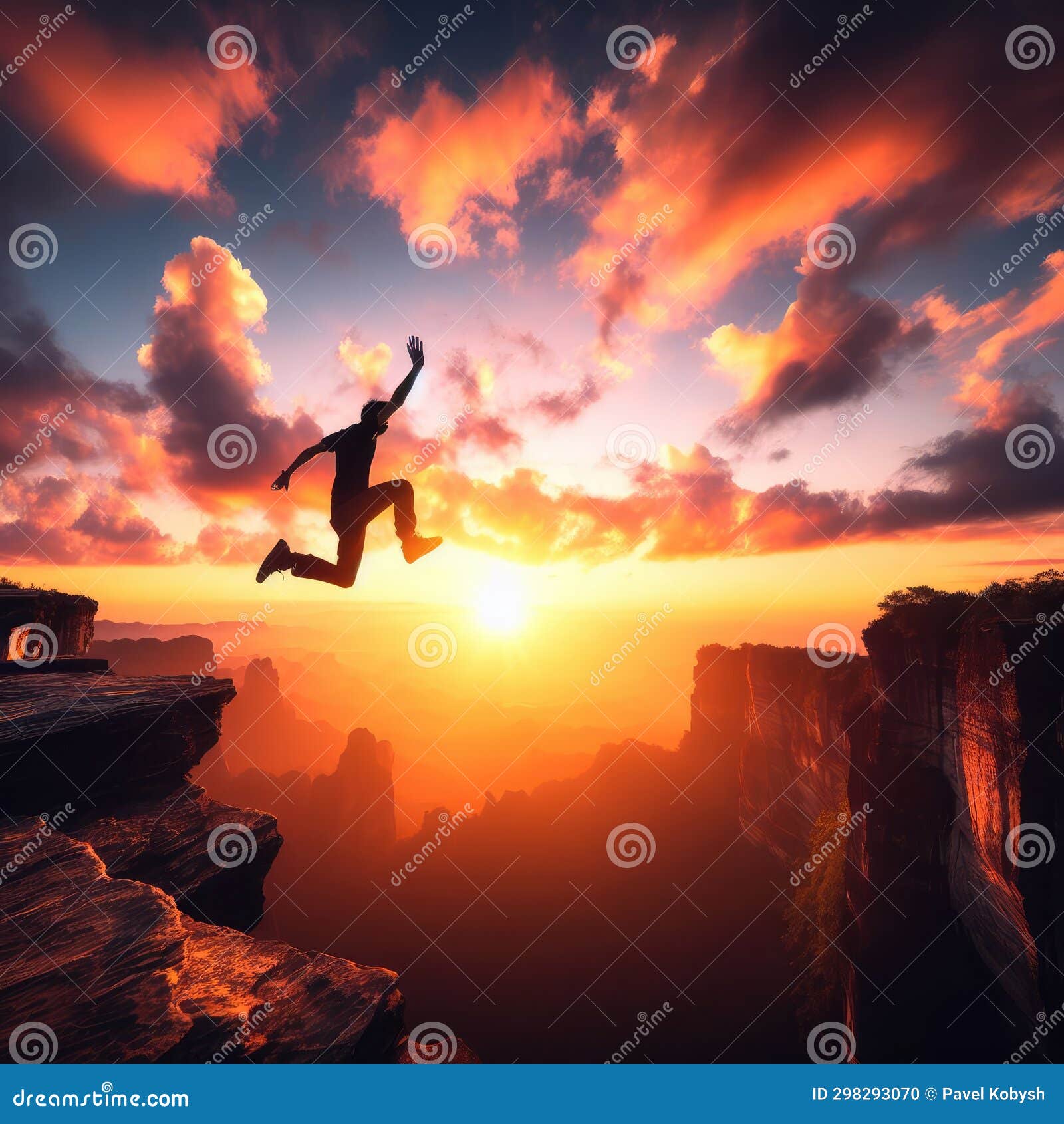 Man Jump through the Gap between Hill. Man Jumping Over Cliff Stock ...