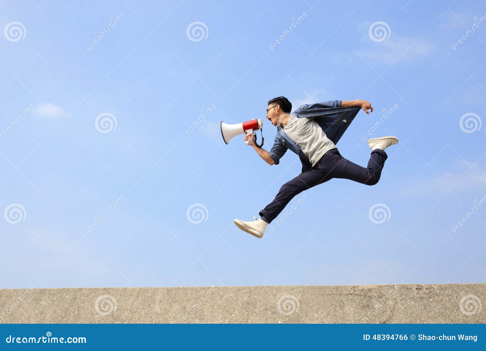 Man Jump and Shout Megaphone Stock Photo - Image of copy, communication ...