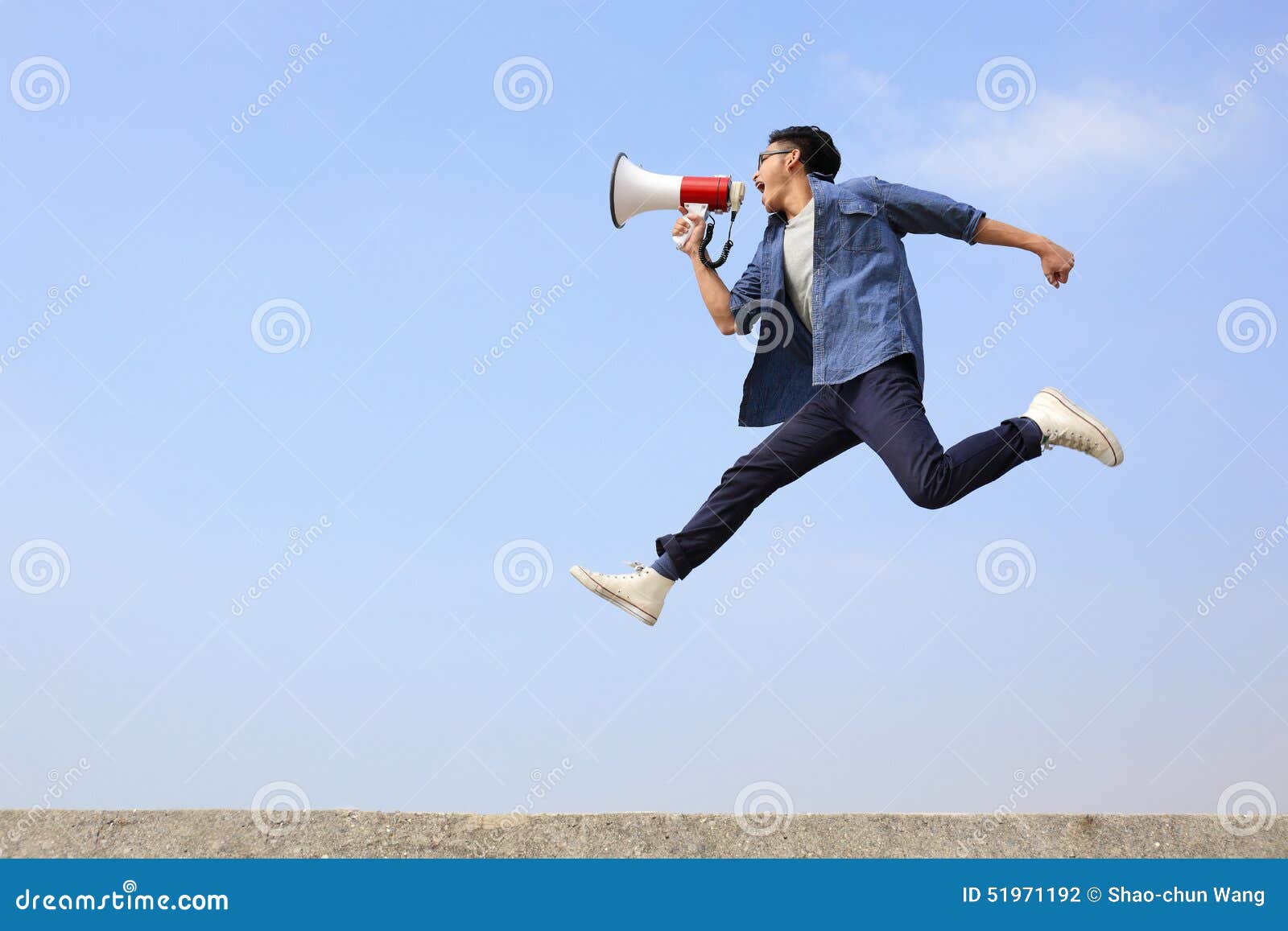 Man Jump And Shout Megaphone Stock Photo - Image of human ...