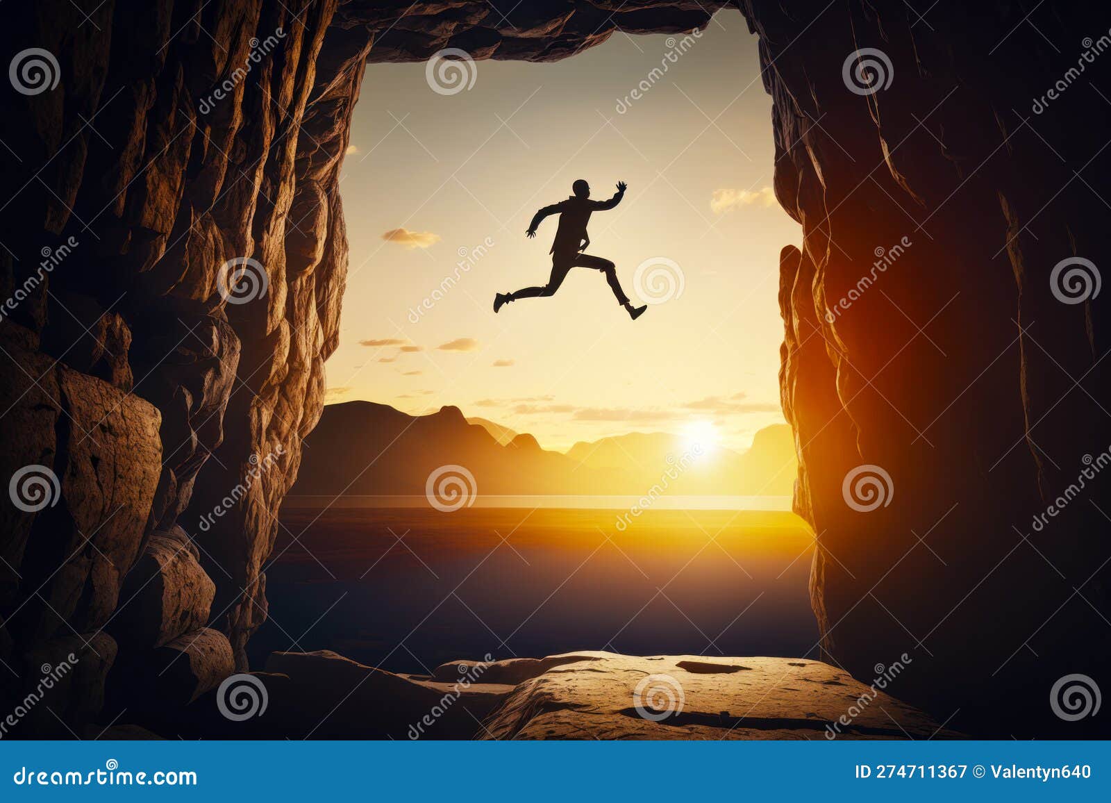 Man Jumping into the Air from Cave into the Ocean at Sunset. Generative ...