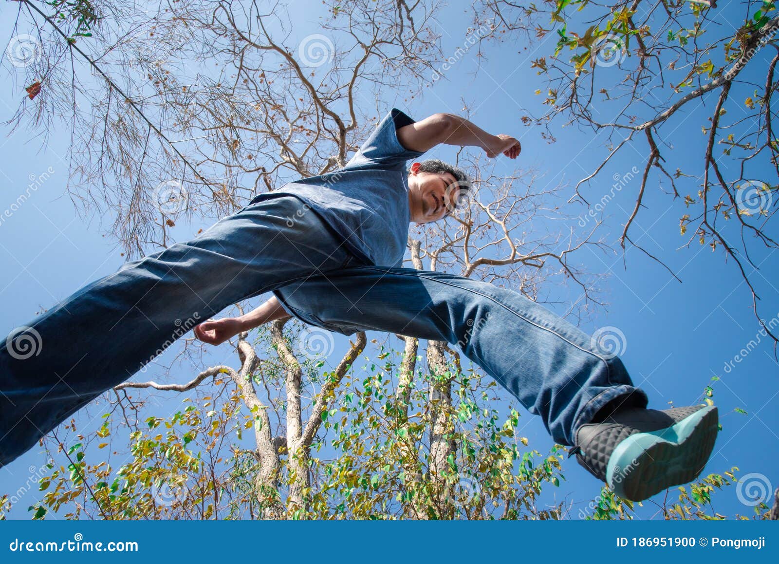 Man Jumping or Crossing Step Over in Forest Stock Photo - Image of goal ...