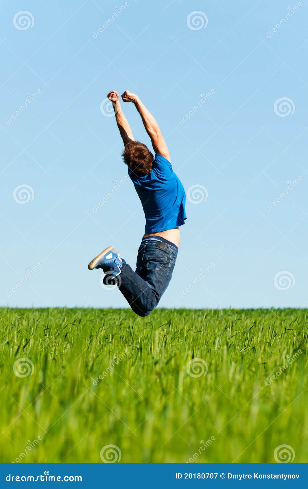 Man Jumping on the Green Field Stock Image - Image of leap, healthy ...