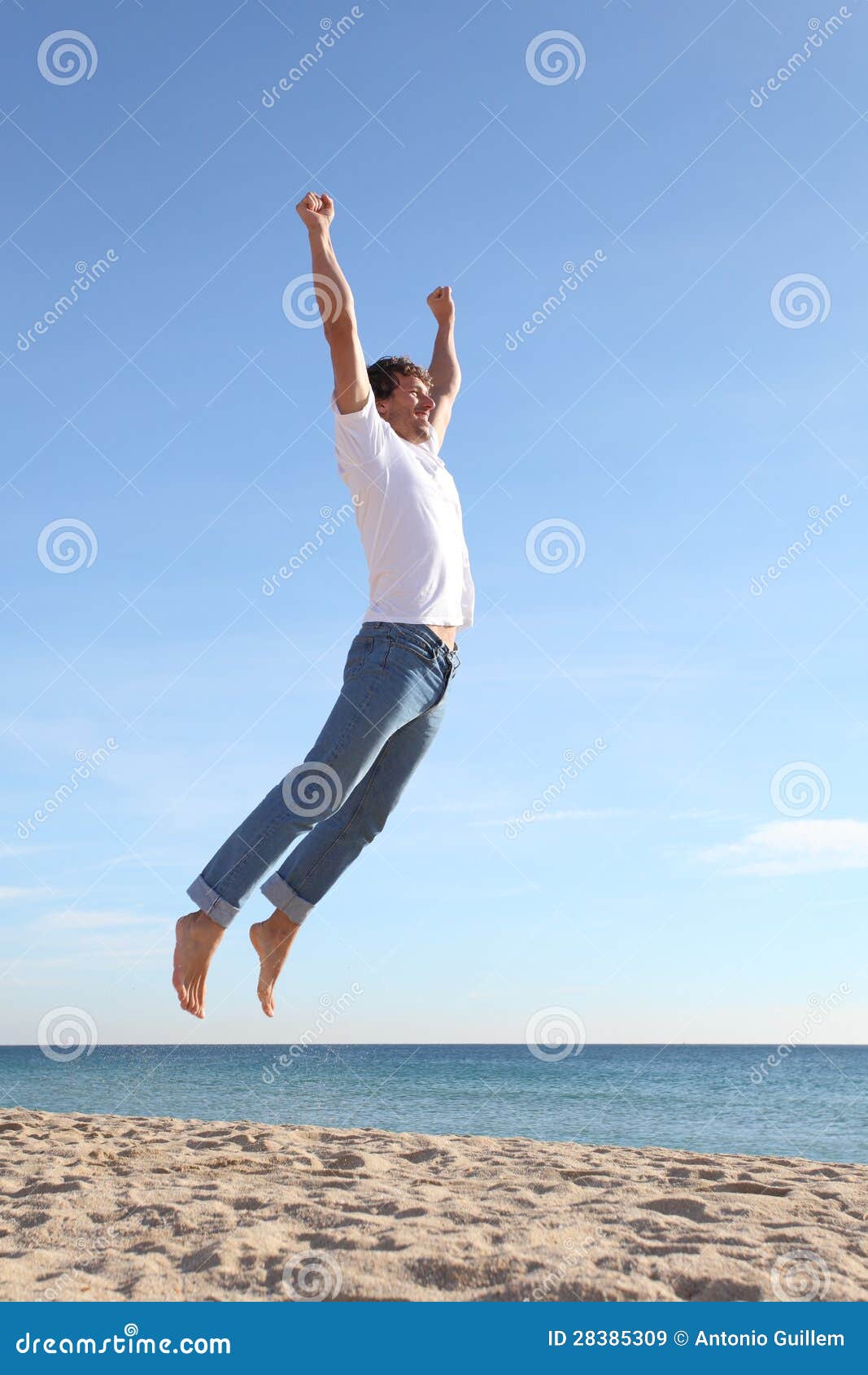 Man Jumping Happy in the Beach Stock Image - Image of fist, health ...