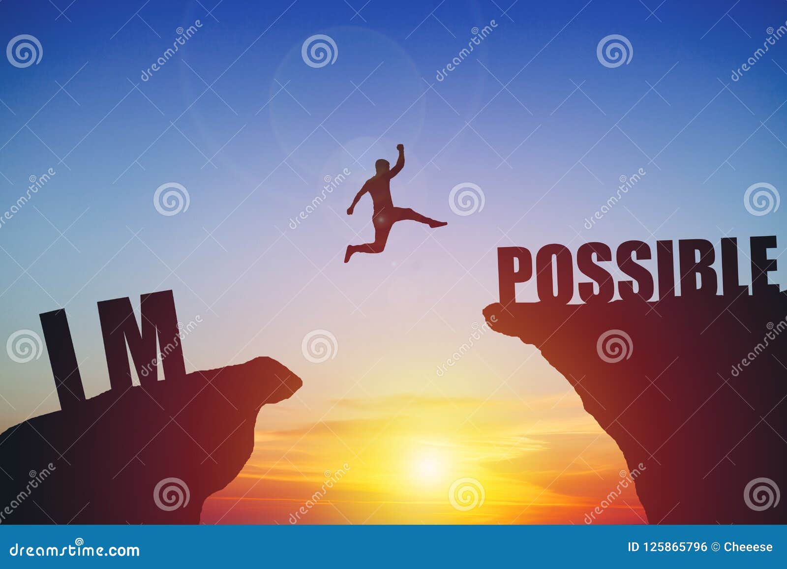 Man Jumping on Impossible Text Over Cliff on Sunset Background Stock ...