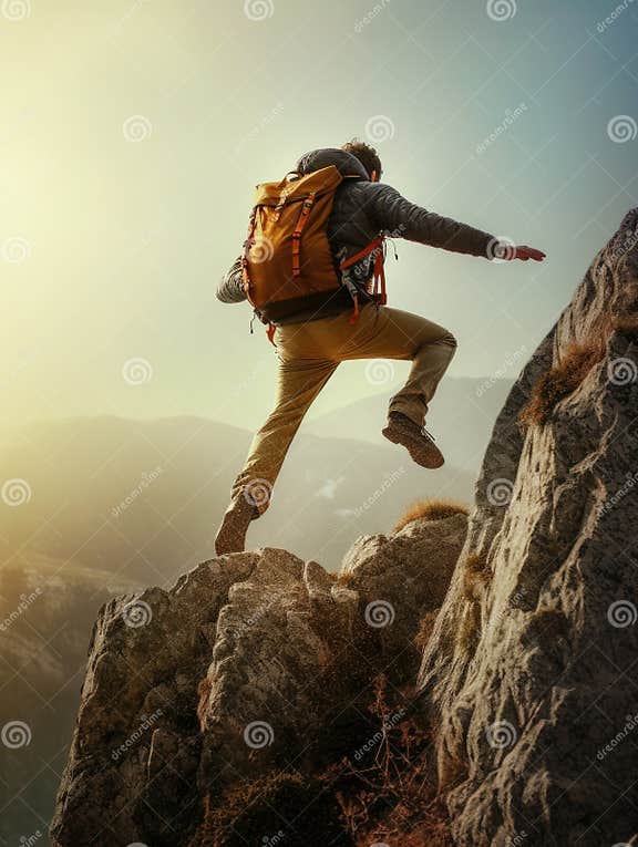 Man Jumping Off a Cliff with a Backpack Stock Illustration ...