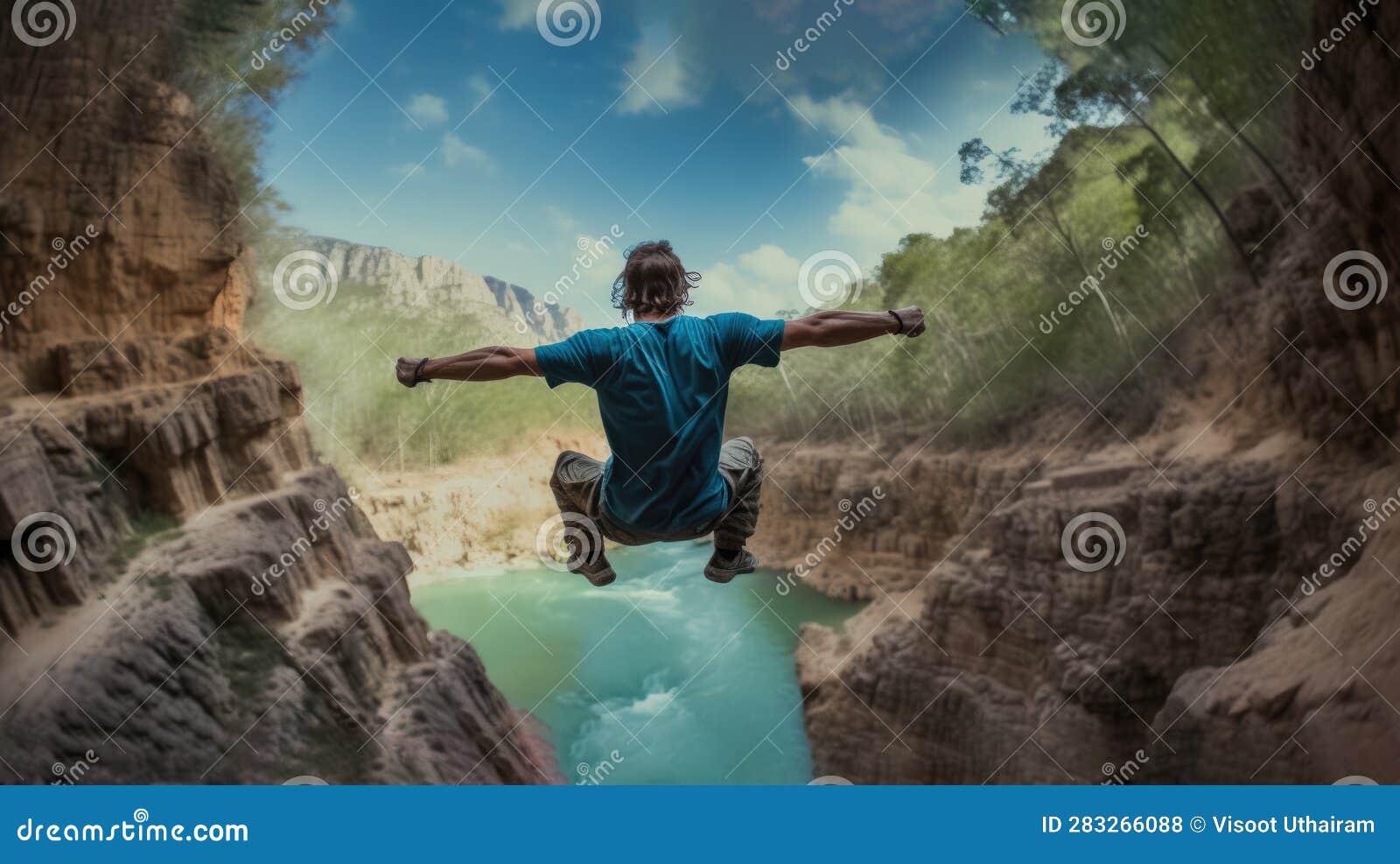 Man are Jumping Off a High Cliff at a Waterfall. Top View Stock ...